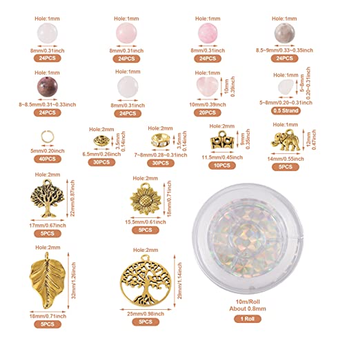 Magibeads 144Pcs Pink Gemstone Beads Kit for Bracelet Making, Antique Golden Western Charms Tibetan Spacer Beads Natural Healing Stone Beads for Jewelry Making