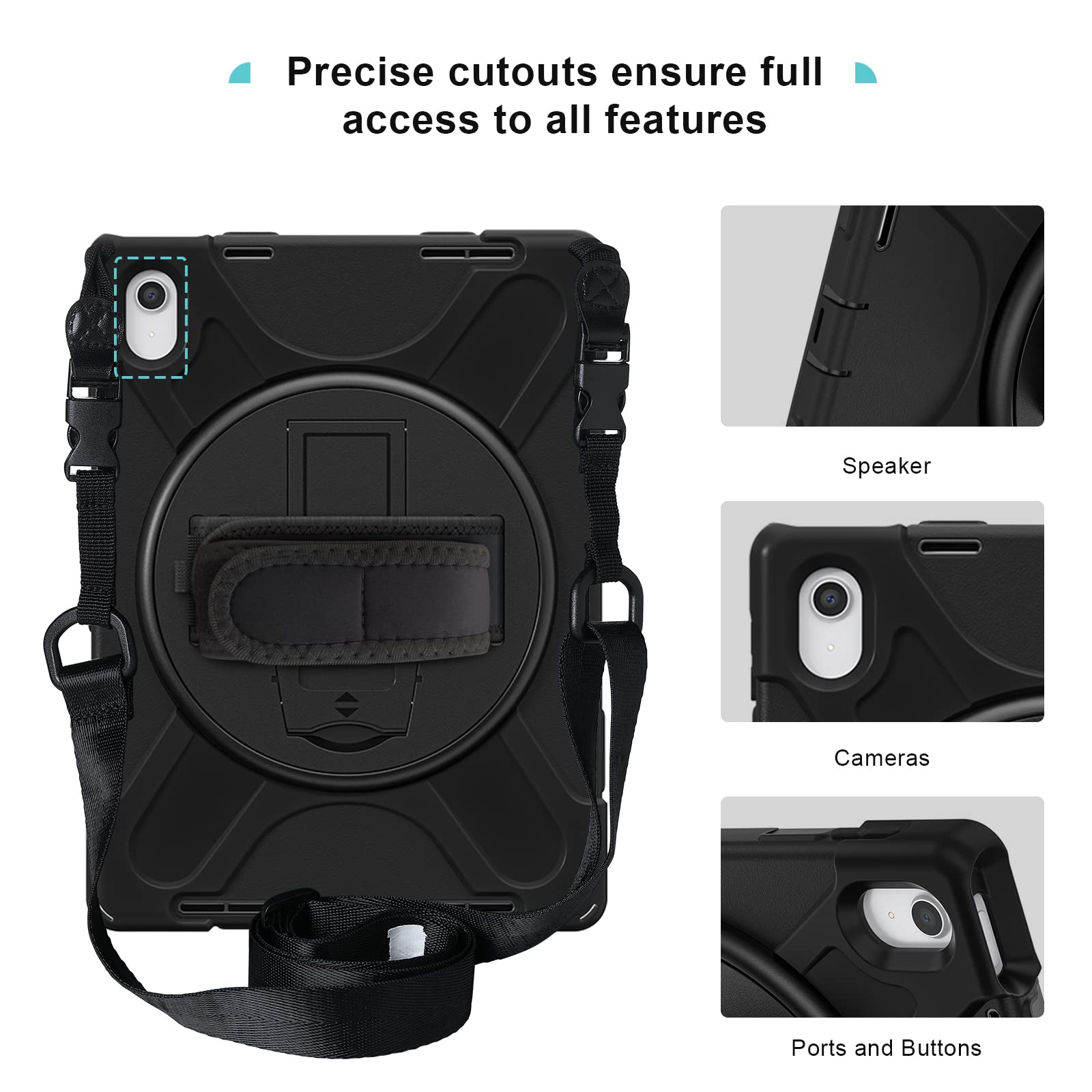 ProCase Heavy Duty Case for iPad 10th Generation 10.9 Inch 2022, Rugged Shockproof Cover Rotating Kickstand with Handle Holder Shoulder Strap for 10.9" iPad 10 –Black