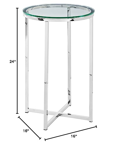 Walker Edison Cora Modern Glass Top Round Accent Table with X Base, 16 Inch, Glass and Chrome