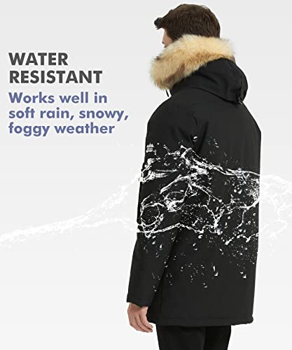 PUREMSX Men's Padded Jacket Insulated, Expedition Mountain Heavy Weight Thicken Lined Skiing Fur Hooded Long Anorak Parka,Black,Small