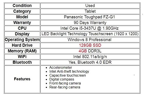 Panasonic Toughpad FZ-G1 Rugged Tablet Win 10 PRO Intel Core i5 3437U 1.90GHz vPro 10.1 Inch WUX G1AABGCLM