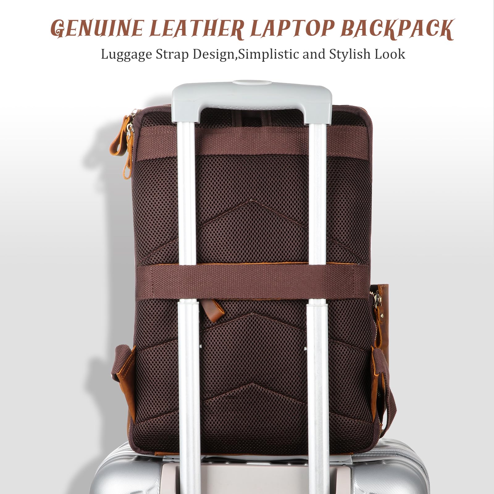 Fshsup Full Grain Leather Backpack 15.6" Laptop Bag Men's Vintage Genuine Leather Business Backpack Travel Hiking Camping Rucksack Overnight Weekender Daypack