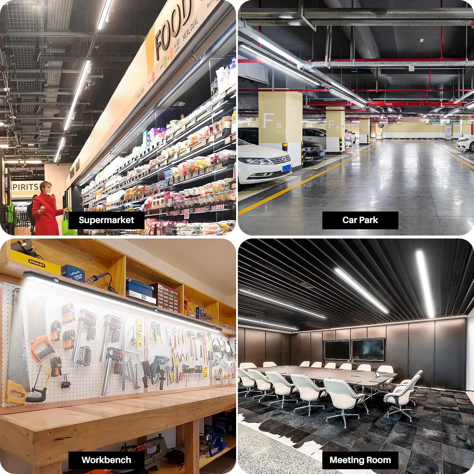 TychoLite 8FT LED Shop Light, 100W 12500lm, 5000K Daylight, Compact Black 8 Foot Commercial Lighting Fixtures for Workshops, Garage, Office, Surface/Suspension Mount, with 5FT Cord Switch, 6 Pack