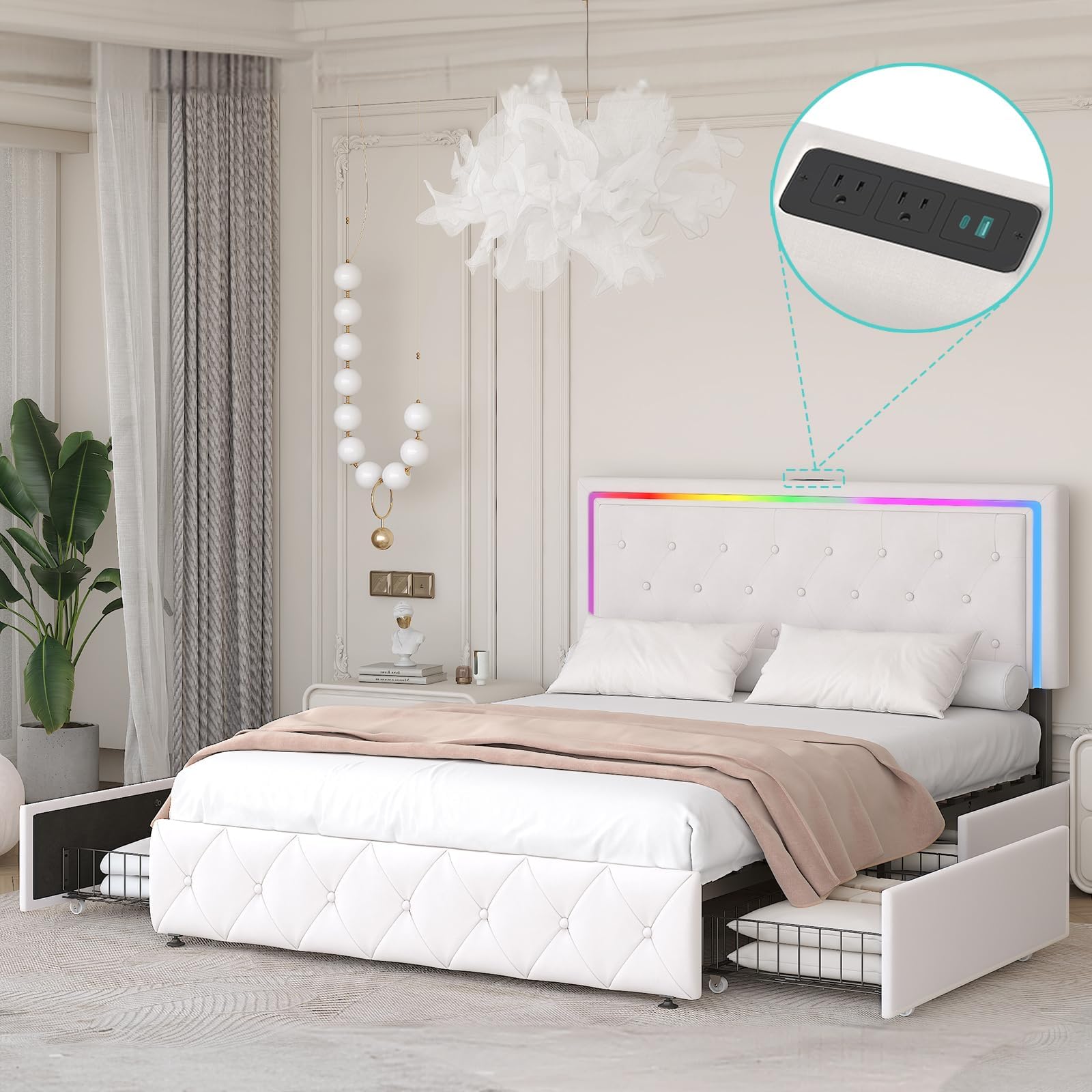 Queen Bed Frame with Adjustable LED Headboard White, Upholstered Metal Platform Bed Frame with 4 Under Bed Storage Drawers on Wheels and Charging Station, No Box Spring Needed, Easy Assembly