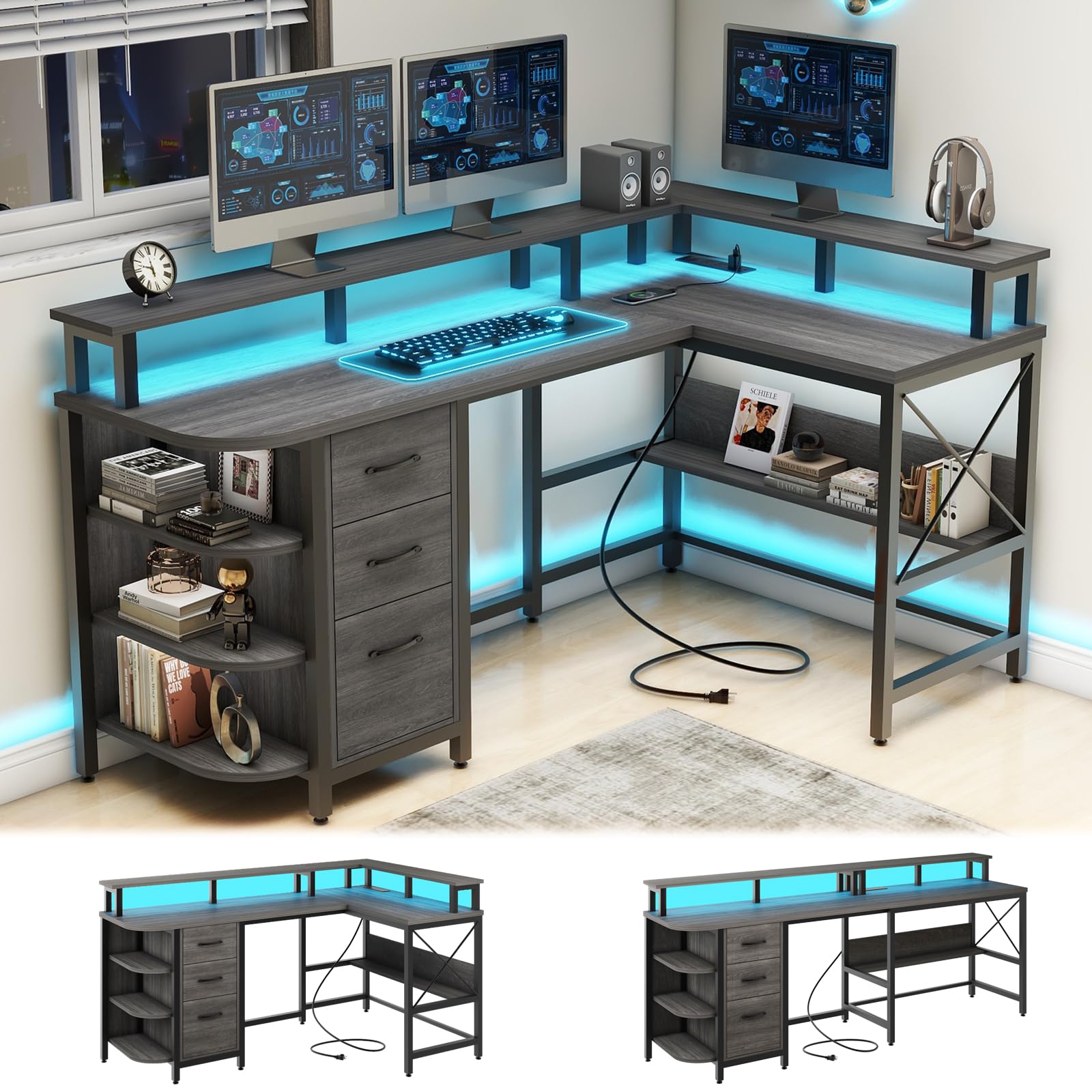 Vabches 67" L Shaped Computer Desk with LED Lights and Power Outlets, Reversible L Shaped Gaming Desk with 3 Drawers Hutch Monitor Stand, Home Office Desk with USB Port