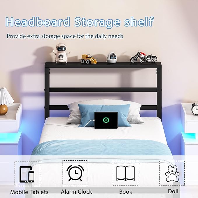 REVOMINCA Twin Bed Frame with Charging Station, Metal Platform Bed Frame with LED Lights, Storage Headboard, Heavy Duty Steel Slats, No Noise, Easy Assembly