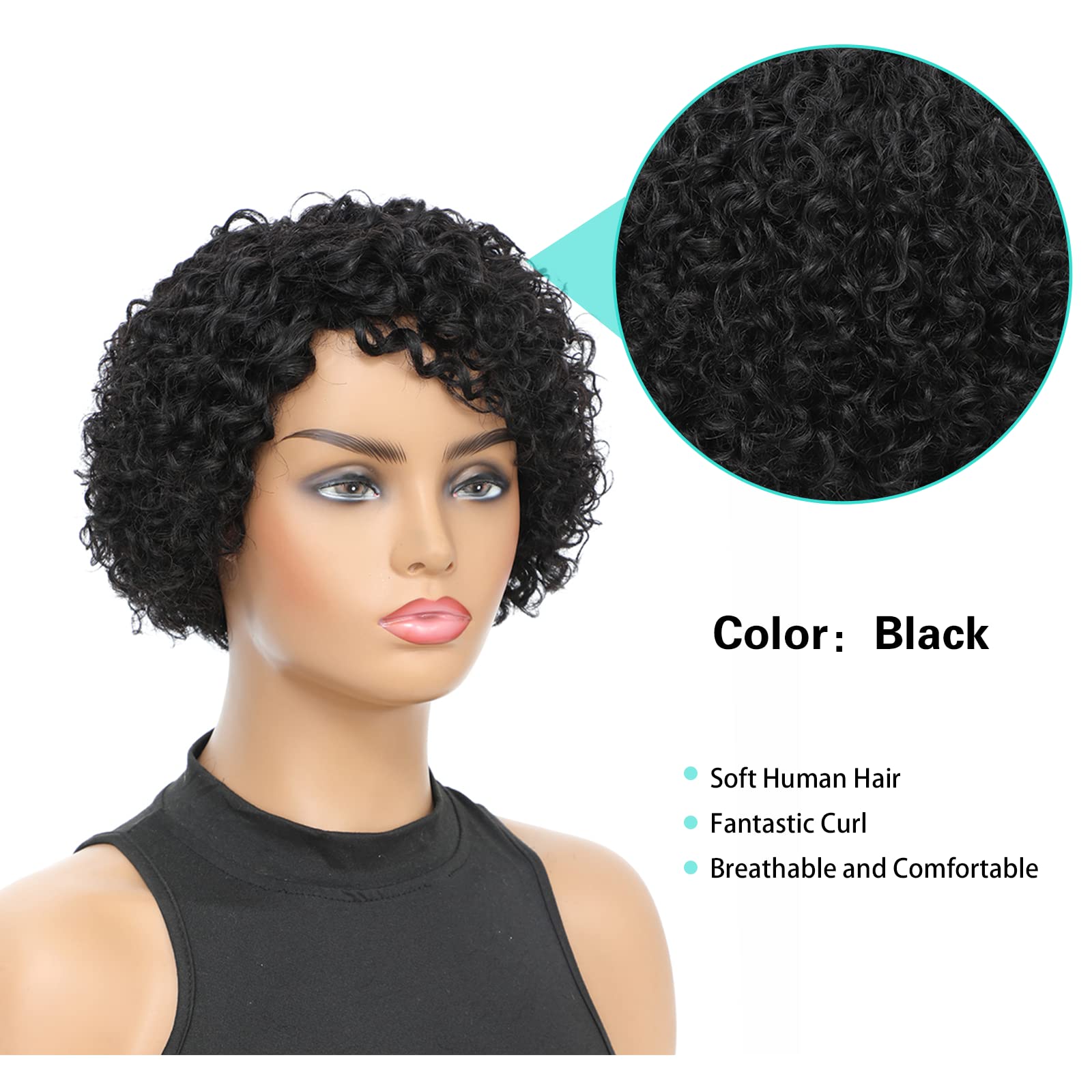 MOWCAW Short Curly Human Hair Wigs for Black Women 8 Inch Short Curly Wig Brazilian Deep Wave Side Part Pixie Cut Glueless Wigs Afro Kinky Bob Wig (Black