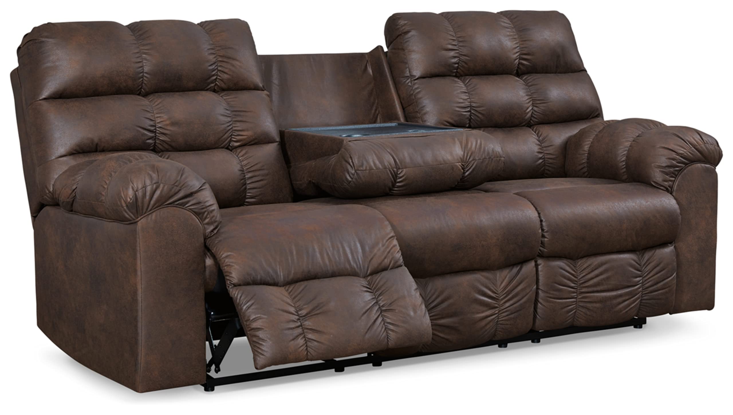 Signature Design by Ashley Derwin Urban Faux Leather Tufted Reclining Sofa with Drop Down Table, Dark Brown