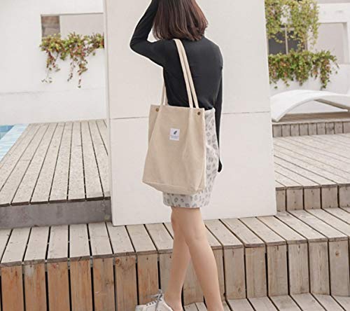 MODANA Corduroy Tote Shopping Bag with Interior Pocket, Reusable Washable and Ecofriendly, Perfect Totes for Shopping Travelling School and So on (Beige)