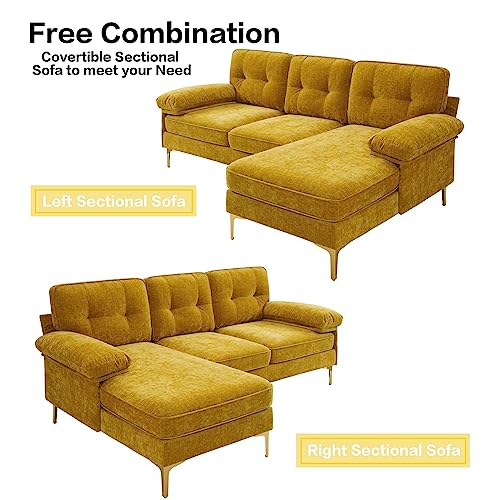 TEKAMON Yellow Sectional Sofa Couch for Living Room, Samll couches for Small Spaces, Chenille Fabric L- Shaped Sofa, Modern Loveseat Sofa with Chaise, Removable Covers,Convertible/Reversible Couch