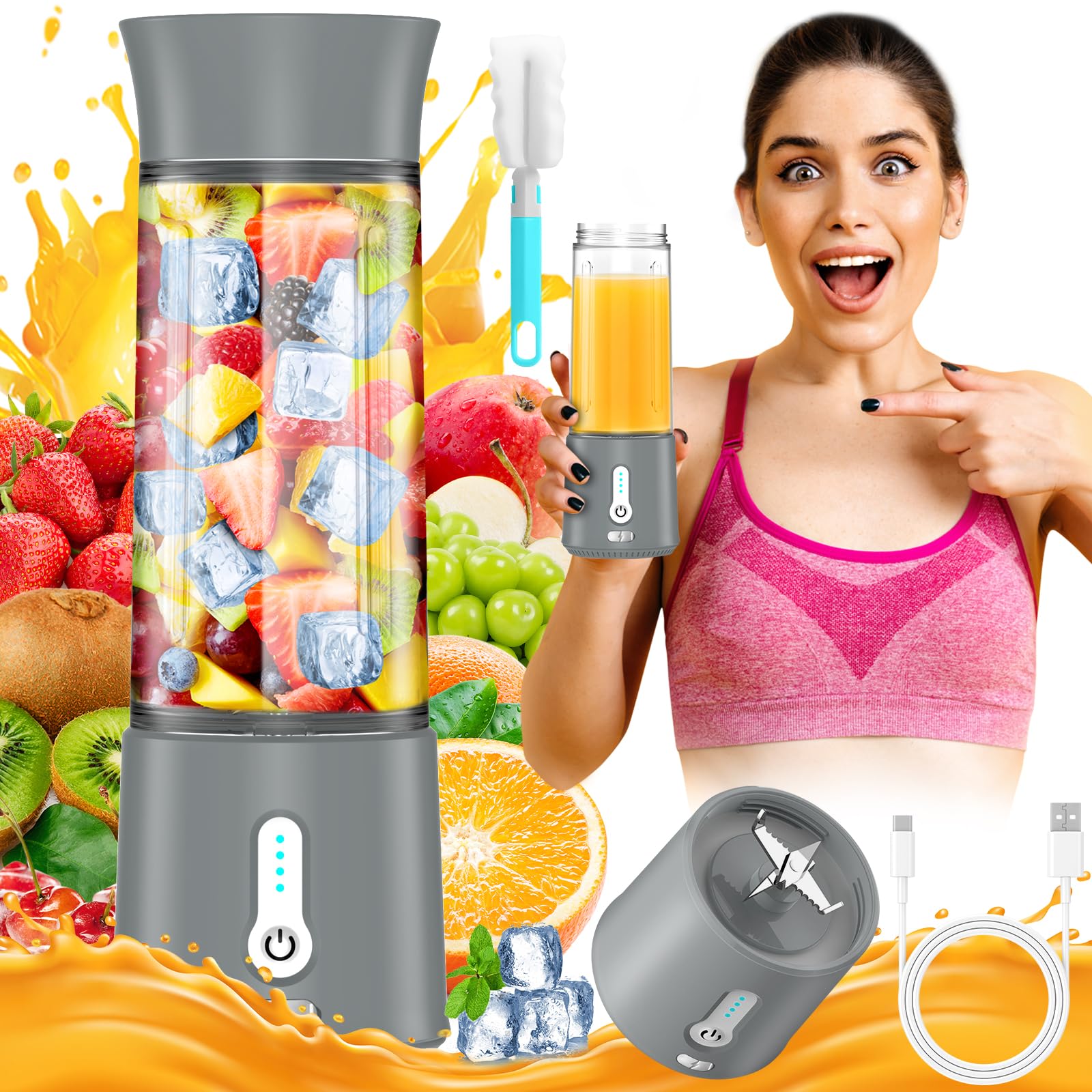 Personal Size Blender, Portable Blender for Shakes and Smoothies with 6 Ultra Sharp Blades, 17Oz 4000mAh Powerful Juicer, Mini Blender Cup with Travel Lid and USB Rechargeable for Office, Gym, Kitchen