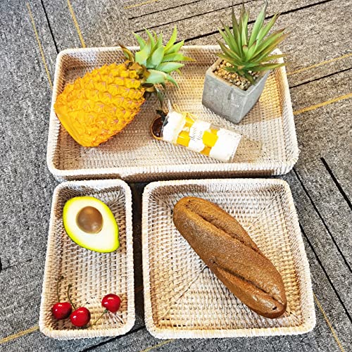 Set of 3 Handmade White Rattan Rectangle Serving Tray Washed White Wicker Serving Organizer Tabletop Fruit Platter with 2”Wall 14 Inch Decorative Bread Drinks Snack Storage Serving Basket Tray