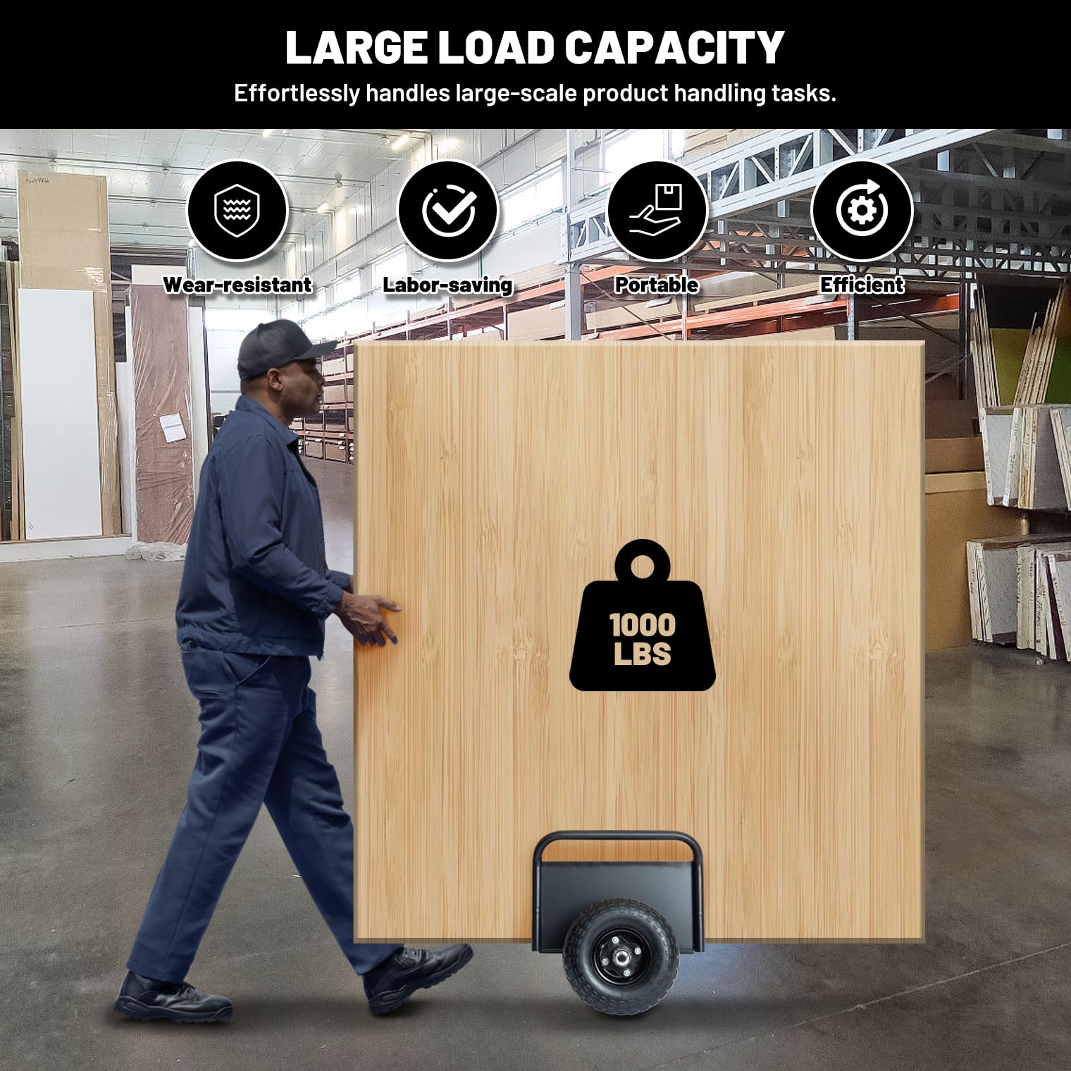 Reykilor Heavy Duty Panel Dolly, Slab Dolly, 10" Solid Rubber Tires, 1000lbs Panel Cart with Handle, All-Terrain Movement for Drywall, Wood Paneling, Wall Panel, Sheetrock, Lumber, Door Material