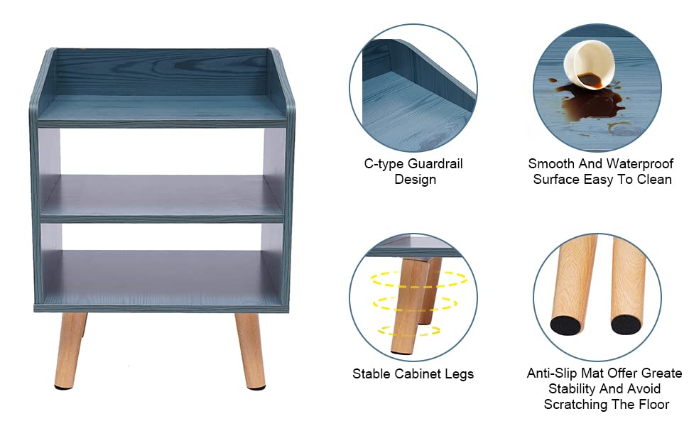 Small Bedroom Nightstand/Minimalist End Table/Side Table/Little Table - with 2 Open Storage Cabinets/Solid Wood Legs,Modern Bedside Night Stand for Bedroom, Living Room(Blue )- Easy Assembly