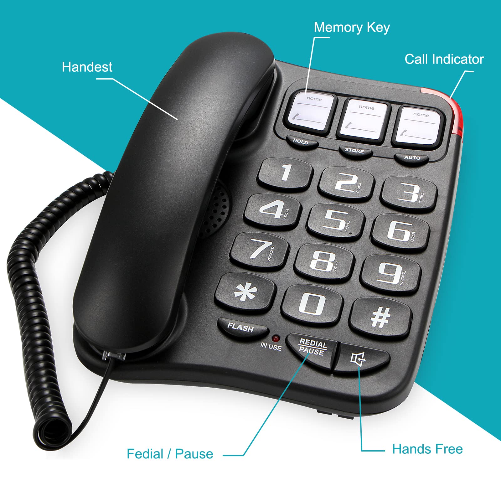 Large Button Phone for Seniors, Amplified Corded Phone with Speakerphone for Elderly Home Landline Phones, No Need to use Batteries,with Loud Ringer, One-Touch Dialingā¦