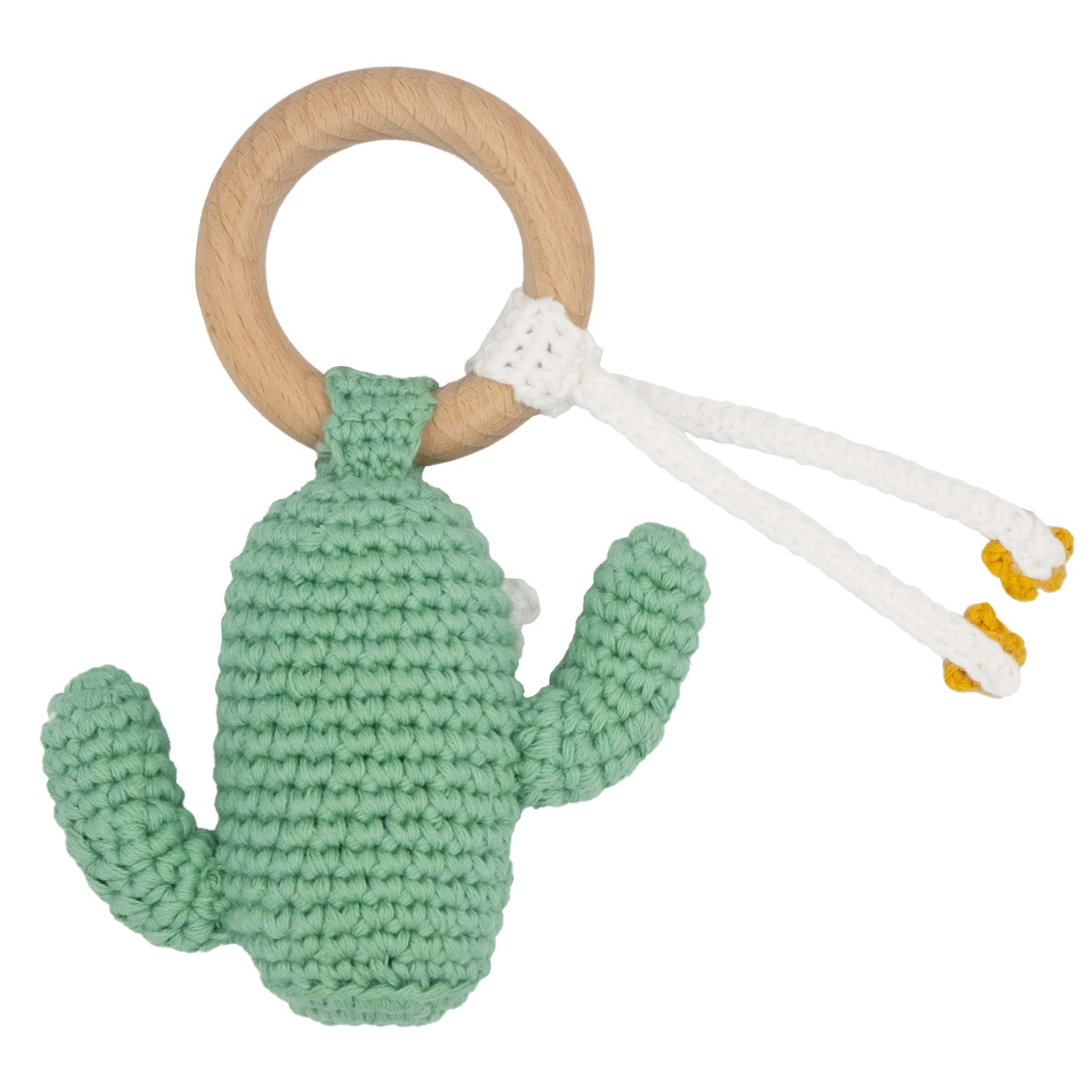 Joliecraft All Adorables Wooden Baby Rattle Crochet Hanging Toy with Teether Ring for Infants 0 3 6 9 12 Months, Cactus