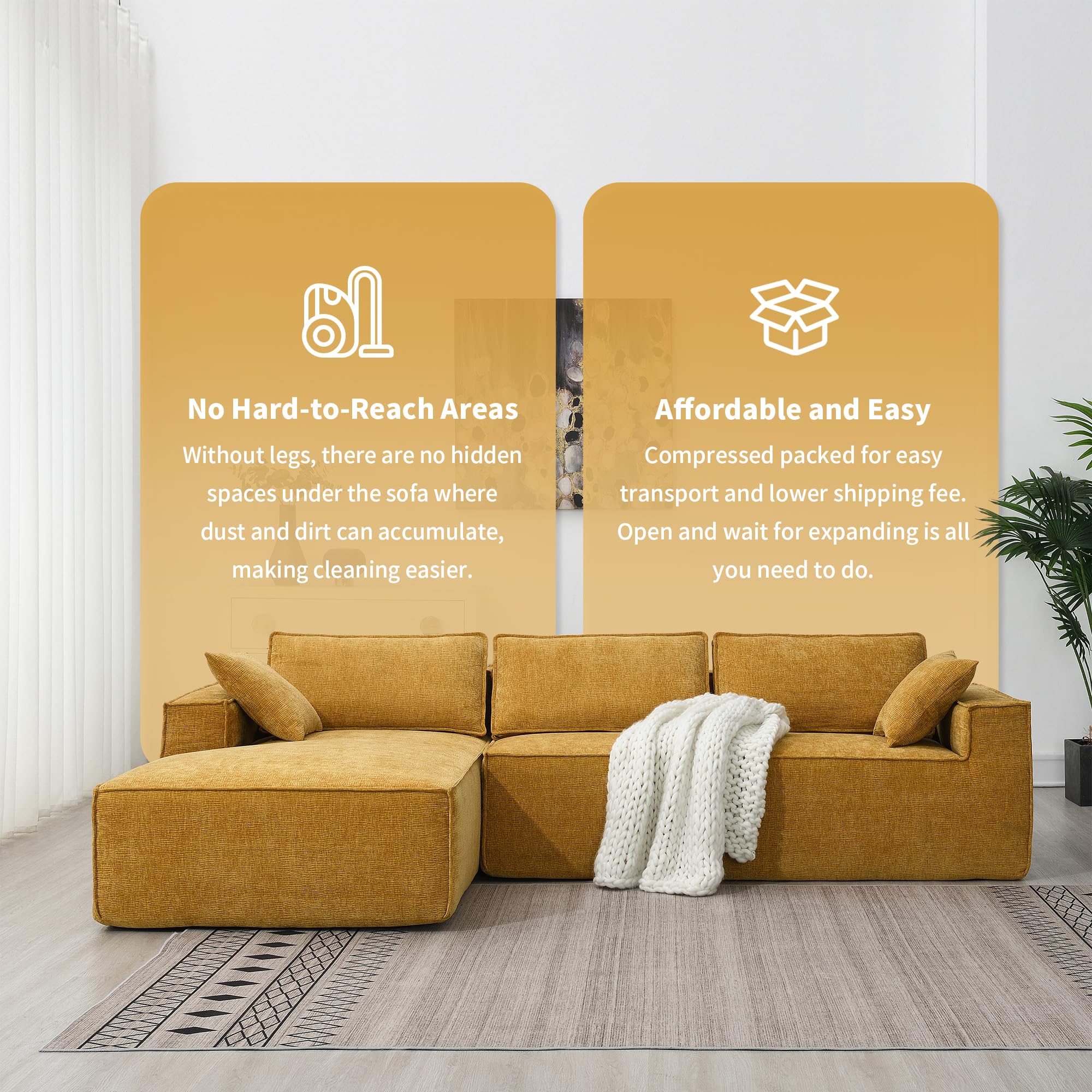 ONEMMLION Modular Sectional Sofa Cloud Couch, 112" Comfy Modern L Shape Sectional Couches for Living Room, Apartment, Fluffy Chenillle Minimalist Convertible Sofa with Chaise Lounge, Yellow