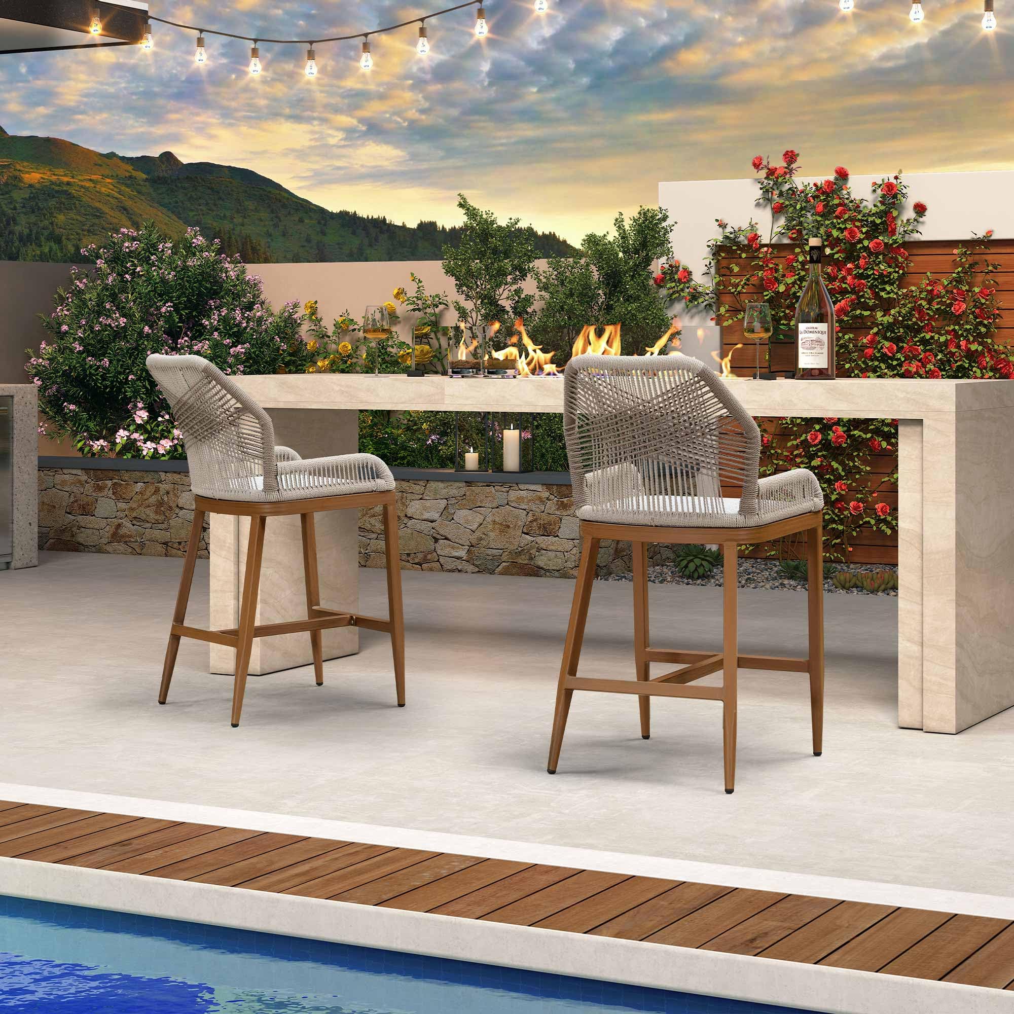 PURPLE LEAF 2 Pieces Counter Height Bar Stools Patio Boho Rattan Barstools Aluminum Woven Bar Chairs with Cushions for Outdoor Kitchen Island Garden