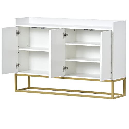 Modern Sideboard Elegant Buffet Cabinet with 4 Doors Storage Cupboard and Display Shelves,Buffet Server Console Table Floor Cabinet with Gold Metal Base for Dining Room/Entryway/Kitchen (White)