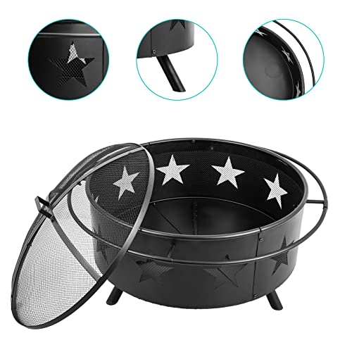 LMRSTOO Fire Pit 36inch for Outside Wood Burning Heavy Duty Fire Pits Firepit for Outdoor with Spark Screen & Waterproof Cover & Poker for Patio Fireplace Garden Picnic Backyard Camping Bonfire