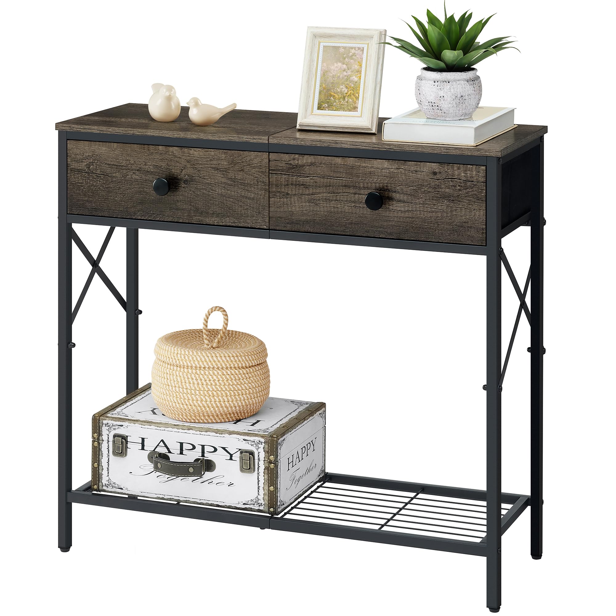 Tajsoon Console Table with 2 Fabric Drawers, 2-Tier Industrial Entryway Table with Storage Shelves, 31.5'' Narrow Sofa Table, Display Shelf for Entryway, Hallway, Living Room, Foyer, Greige