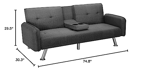OYN Modern Futon Sofa Loveseat Convertible Sleeper Couch Bed Futonbed for Living Room Apartment Small Space Furniture Sets with 2 Cup Holders,Metal Legs, Removable Soft Square Armrest,Dark Gray