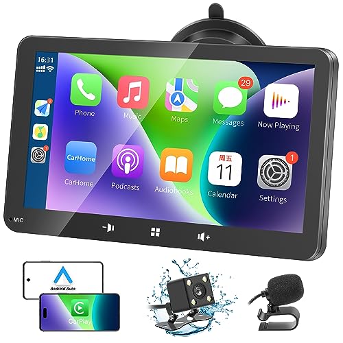 Portable Apple Carplay,Wireless Carplay and Android Auto,7'' Touch Screen Car Stereo,Car Radio with Backup Camera,Wireless AirPlay,Mirror Link,Bluetooth 5.0 Handsfree/FM/AUX/MIC/USB/TF