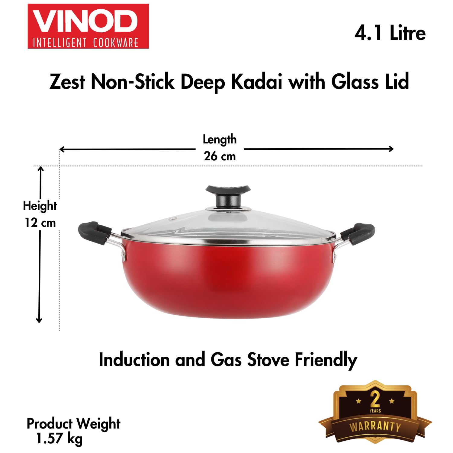 Vinod Cookware Zest Non-Stick Induction Friendly Deep Kadai With Lid Red/Black 4.1 Litres