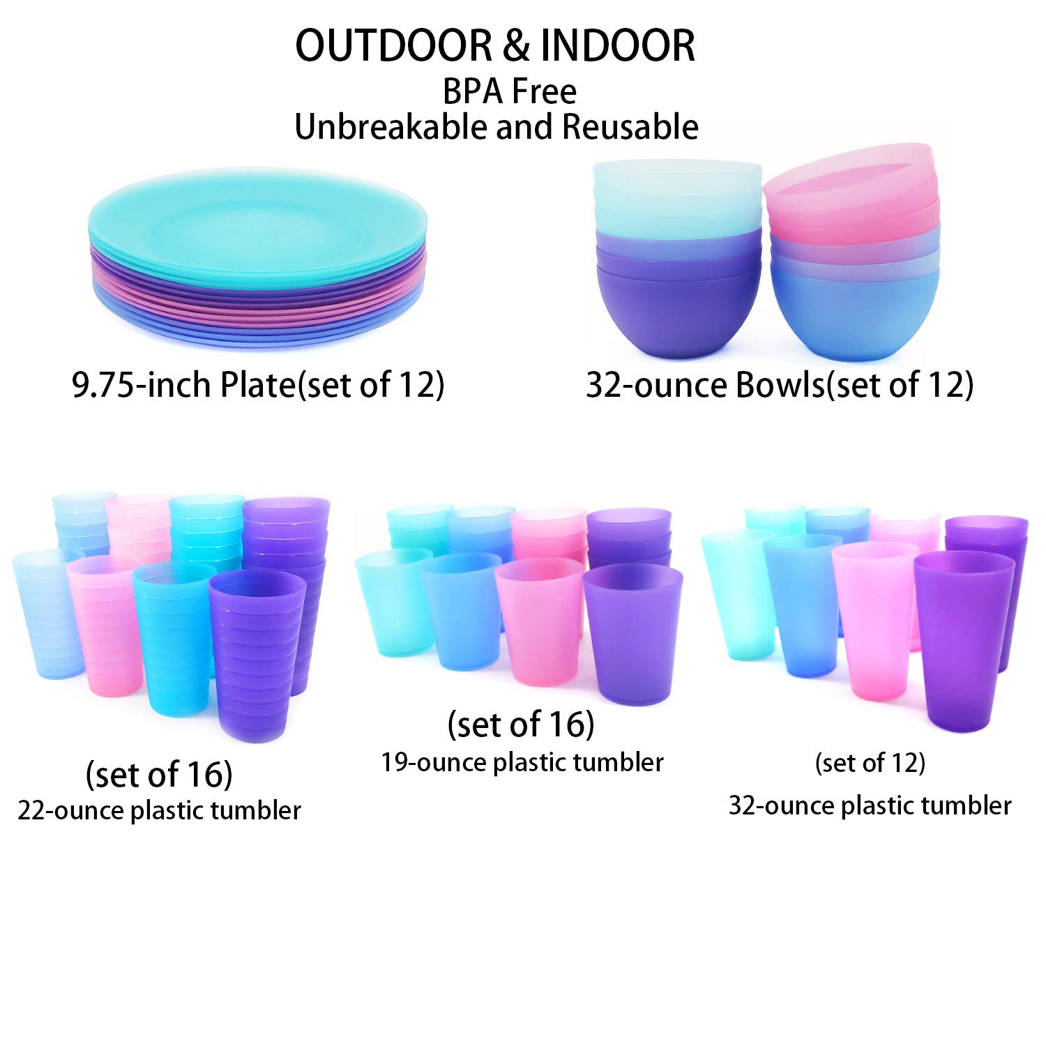 KOXIN-KARLU 10-inch Plastic Dinner Plates Reusable Plates Picnic Plates | Set of 12 in Coastal Colors