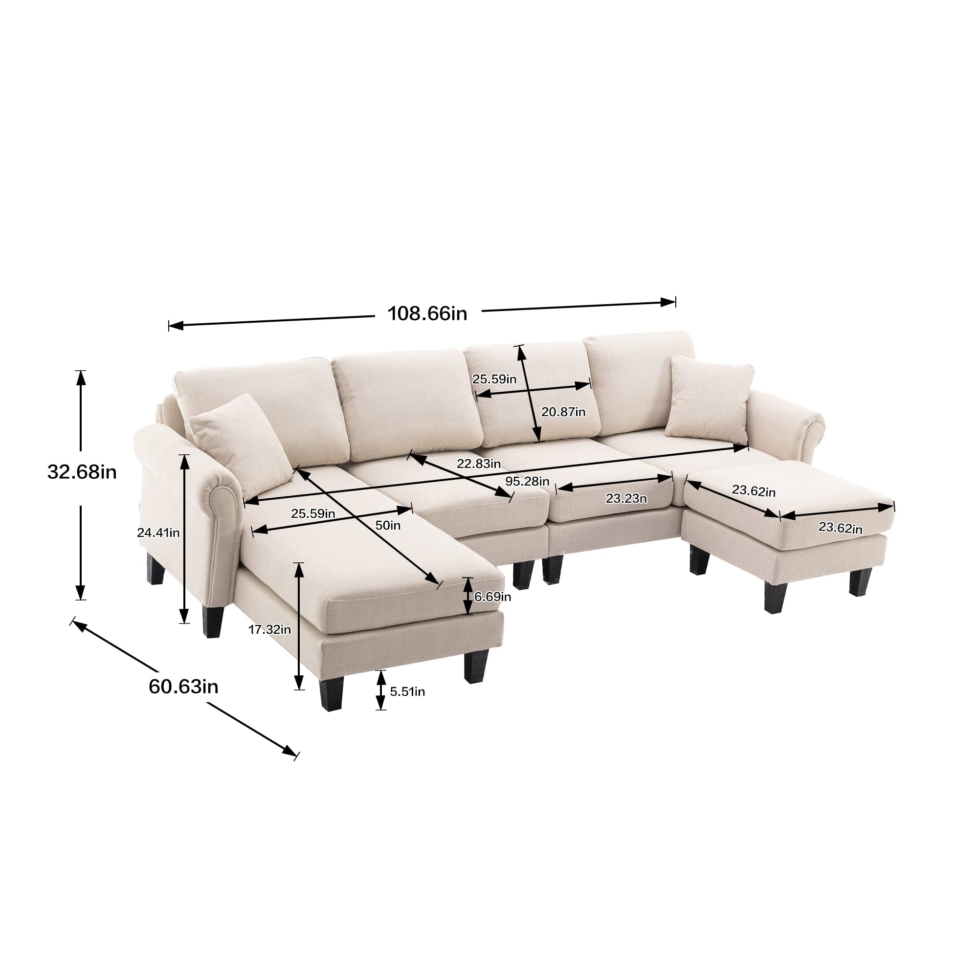 ONEMMLION U Shaped Sectional Sofa Couch with Pillows, Convertible L Shaped Linen Couch Set with Chaise Lounge & Movable Ottoman, 4 Seat Sofa Set for Living Room, 109 inches (Beige)