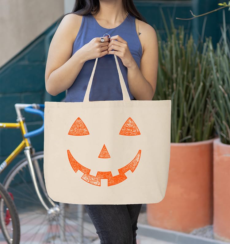shop4ever Orange Jack O' Lantern Pumpkin Face Halloween Trick or Treat Jumbo Heavy Canvas Tote Reusable Shopping Bag Natural JUMBO 1