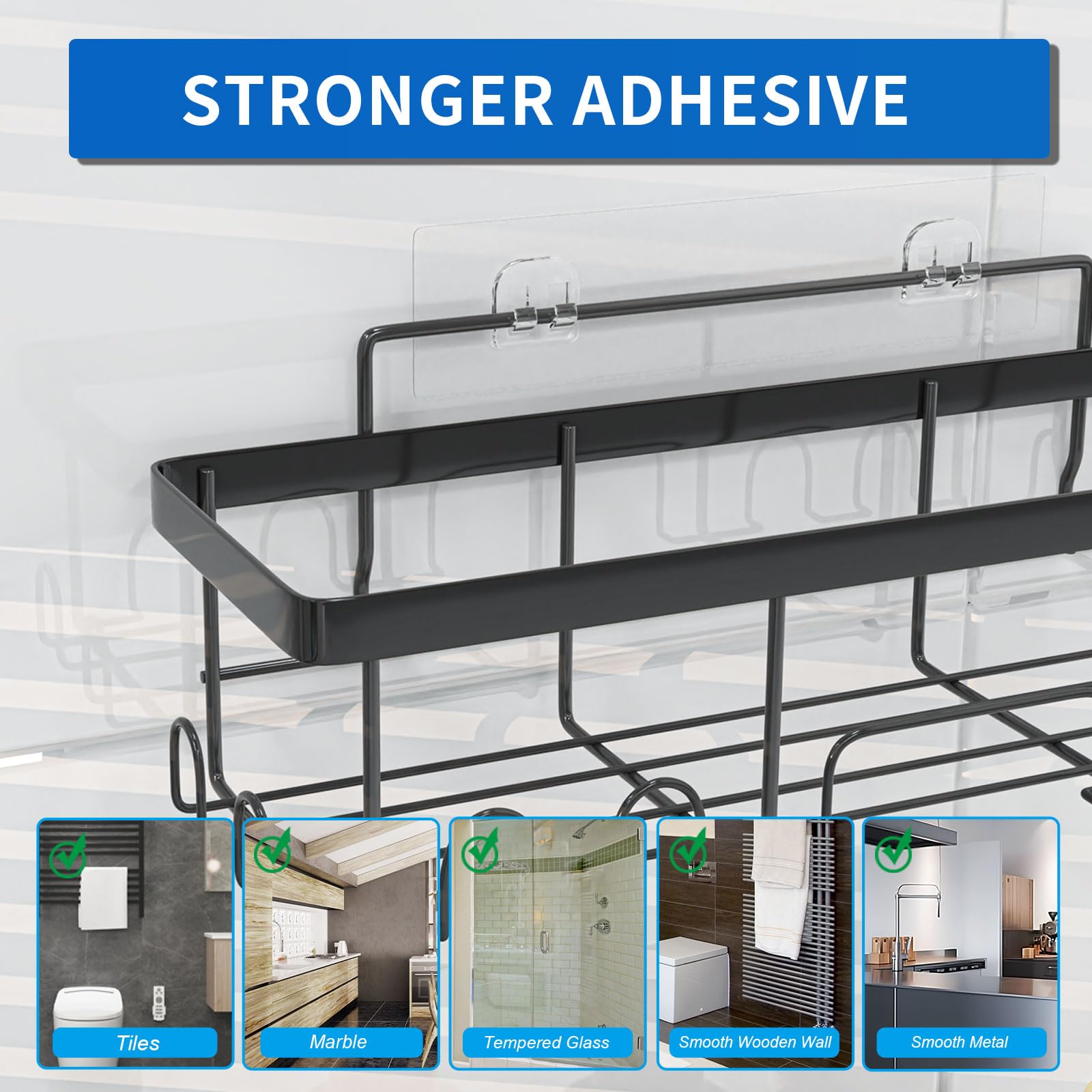 UenCirbsk Adhesive Shower Caddy,Extra Large Bathroom Shelves,2 Pack Shower Organizer,No Drilling Floating Shelves For Wall, Black shelves easy to install for Bathroom Storage & Home Decor