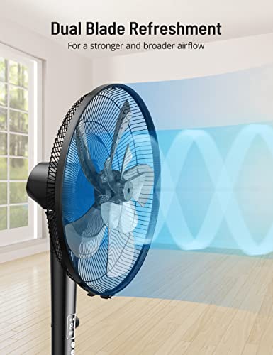 PARIS RHÔNE Fans for Home Bedroom, Oscillating Fan with Remote,16" Standing Floor Fans for Home, Dual Blade with 3 Wind Modes 12 Speed Levels,18-Hour Timer, Adjustable Height 44 to 53.1 Inch, Black