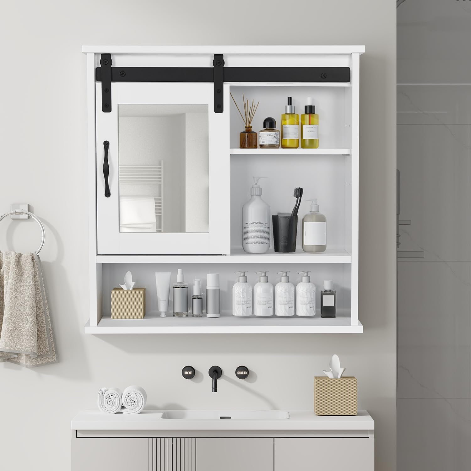 Puluomis Wall Mounted Medicine Cabinet - 5 Tier Rustic Wall Mounted Bathroom Storage Cabinet with Sliding Barn Door and Mirror