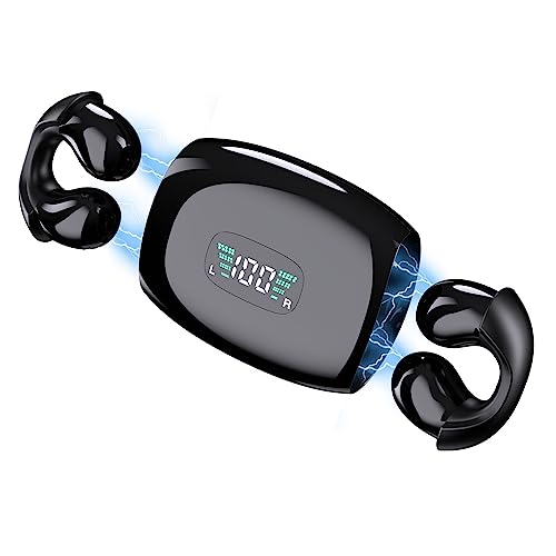 QAWDAWM Clip On Earbuds Wireless Open Ear Headphones- Bluetooth 5.3,80 Hours Playtime with Charging Case, Headphones with Mic Waterproof Sport Earbuds for Running(Black)