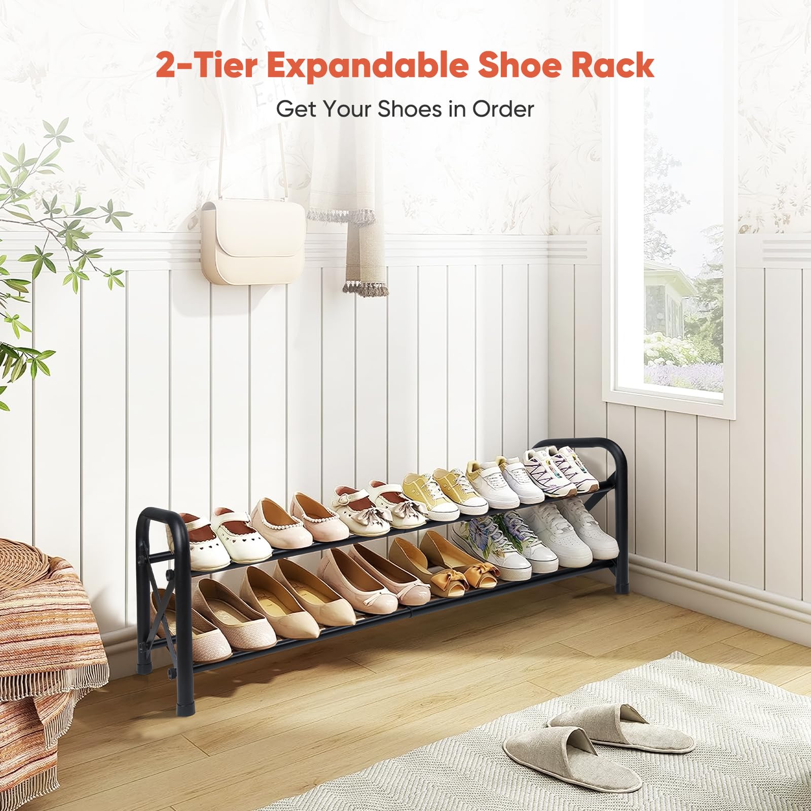 Tadelz 2-Tier Expandable Shoe Rack, Adjustable Metal Shoe Rack for Closet Free Standing Shoe Shelf Storage Organizer for Front Door Small Space Entryway Garage Hallway Bedroom, Light Black
