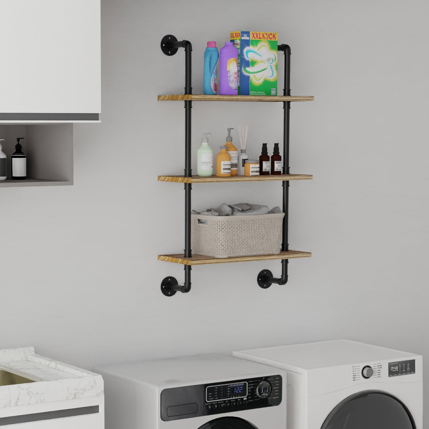 ONOTETUT 2 Tier Industrial Pipe Shelf,24 inch Industrial Wall Shelves,Rustic Wall Mounted Bookshelf,Floating Shelf with Pipe,Pipe Shelving for Bathroom,Living Room,Kitchen,Bedroom