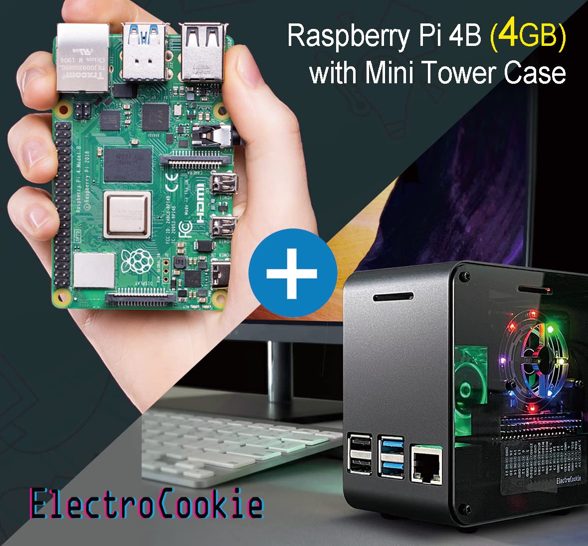 Raspberry Pi 4B (4GB) Board with Mini Tower Aluminum Case, Cooling Fan and Color Changing Ambient Light (Matte Black)