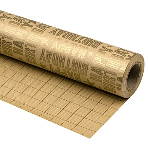 RUSPEPA Kraft Wrapping Paper Roll - Gold Happy Birthday Pattern Great for Birthday, Party, Baby Shower - 17.5 Inches X 32.8 Feet