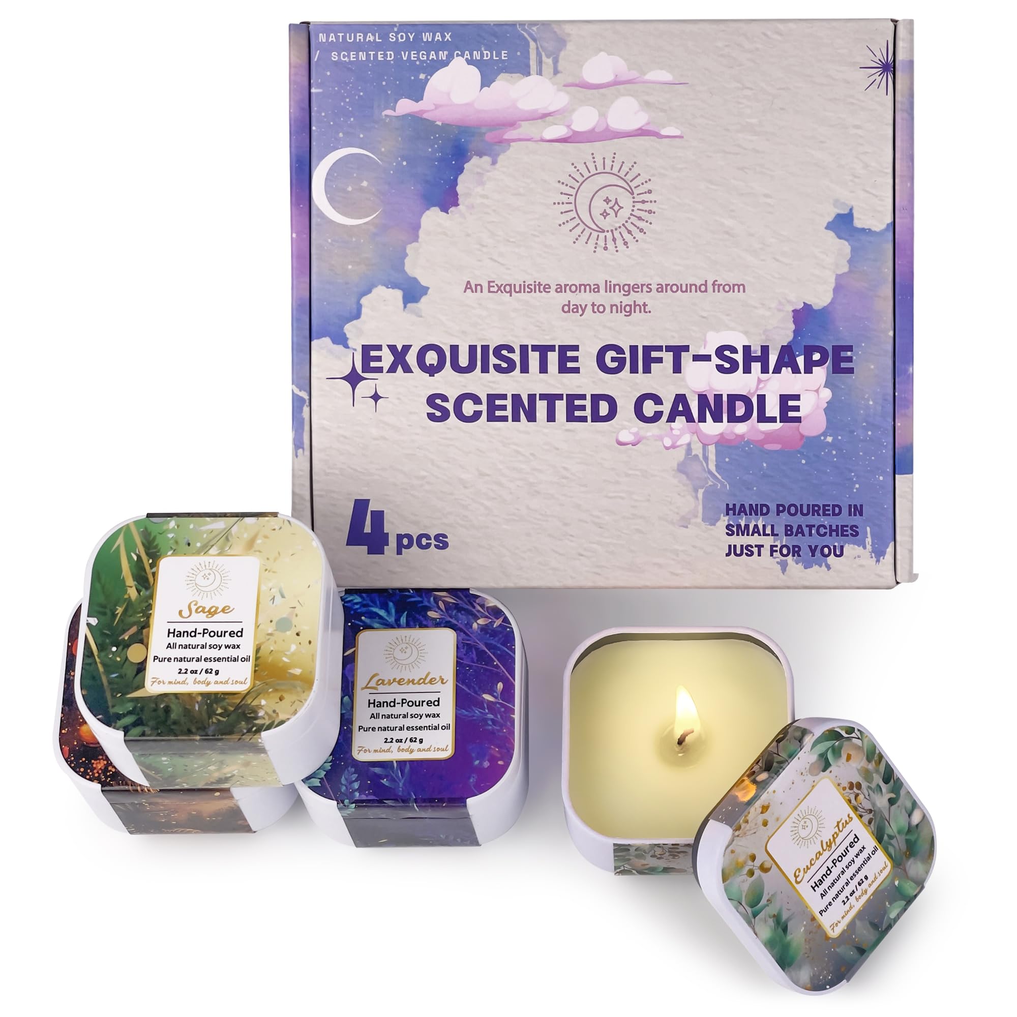 Scented Candle Gift Set for Women,4 Pack Square-Shaped Aromatherapy Candles, Organic Soy War Jar Candles for Housewarming Gift Set Fragrance Cedarwood, Sage, Lavender, Eucalyptus