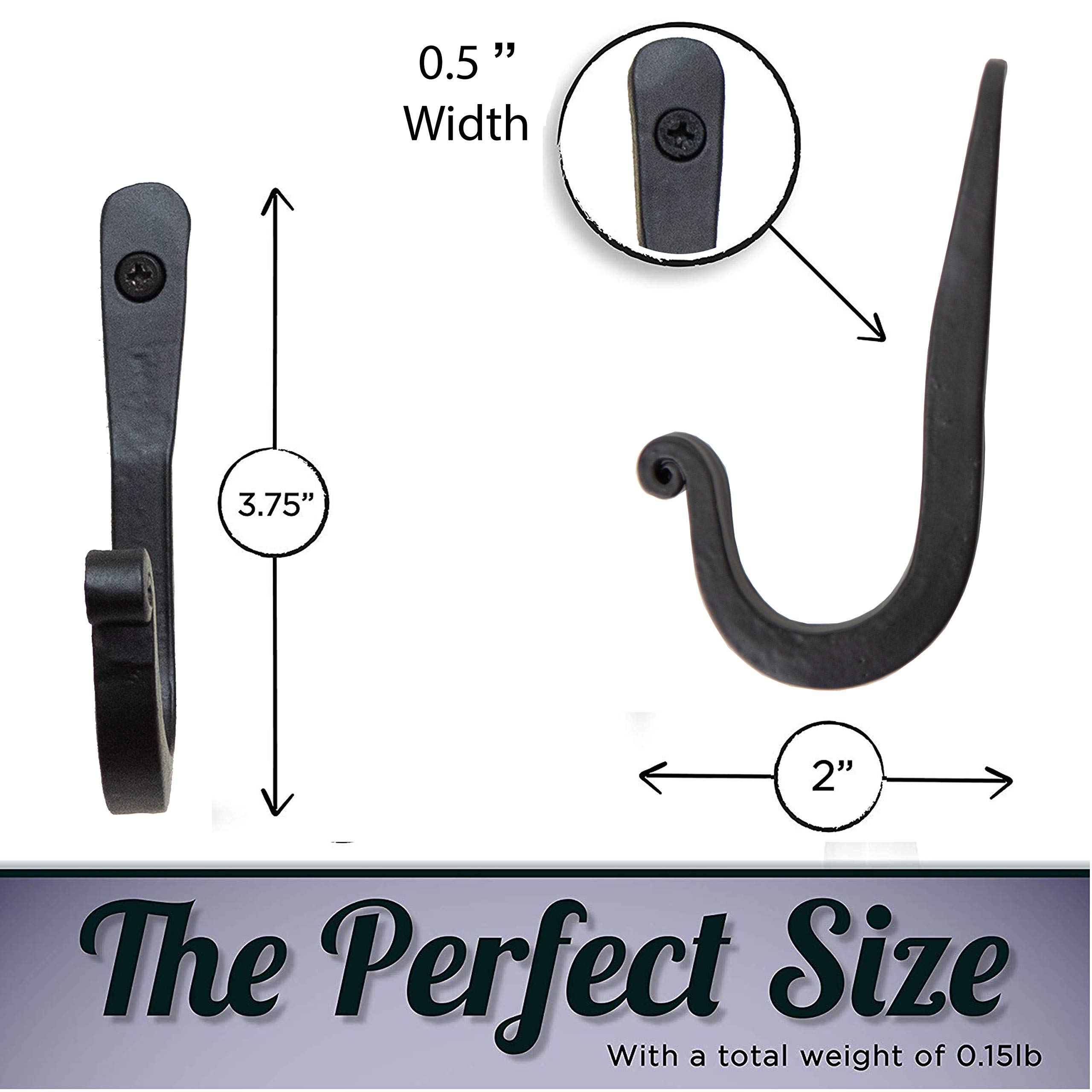 Stur-De Decorative Hooks for Wall - Wrought Iron Hooks for Hanging Coats, Hats, Bags, Towel Hooks for Kitchen or Bathrooms - Heavy Duty Black Hooks - 3.75 x 0.5 x 2 Inch (Black, 3 Hooks)