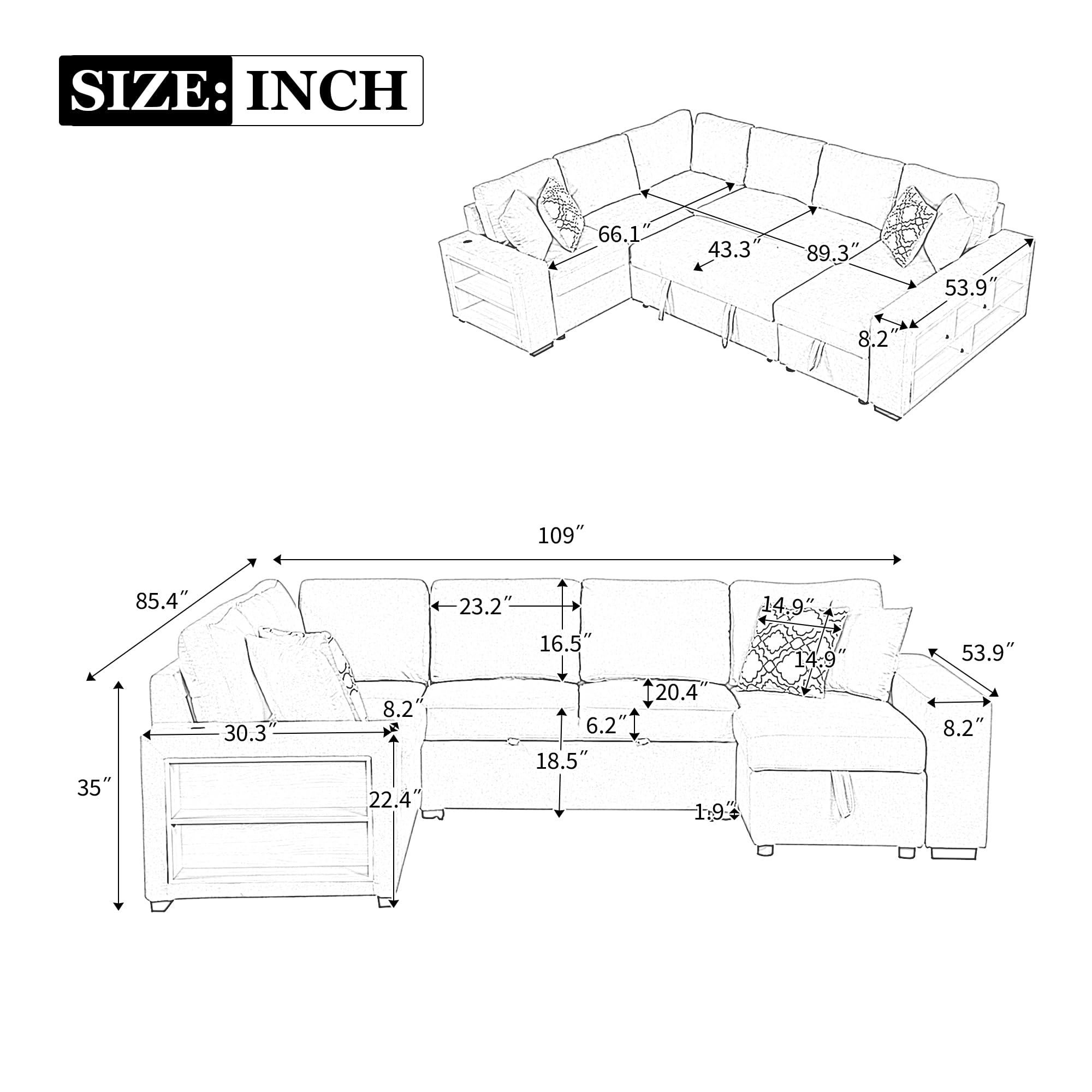 Taiweny U Shaped Oversized Sectional Sofa Couch with Cabinet, 109" 7 Seat Sectional Sleeper Sofa Bed with Storage Chaise & USB, Modular Sectional Sleeper Sofa with Pull Out Bed for Living Room Beige