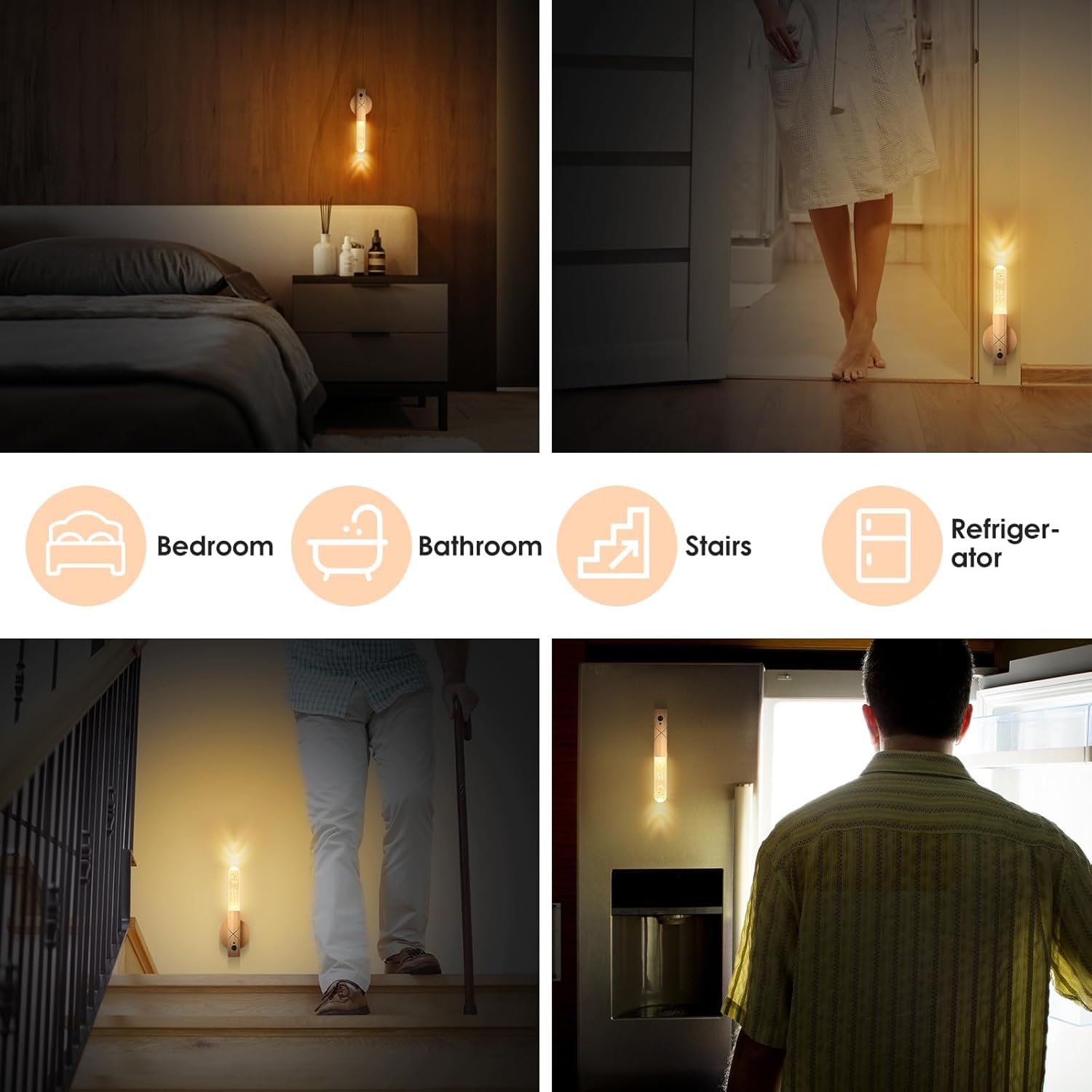 Rechargeable Starry Night Light, Wooden Motion Sensor Light Indoor, Warm White Dimmable Nightlight, Stick-On Magnet Wall Lights for Bedroom, Stair, Hallway, Kitchen