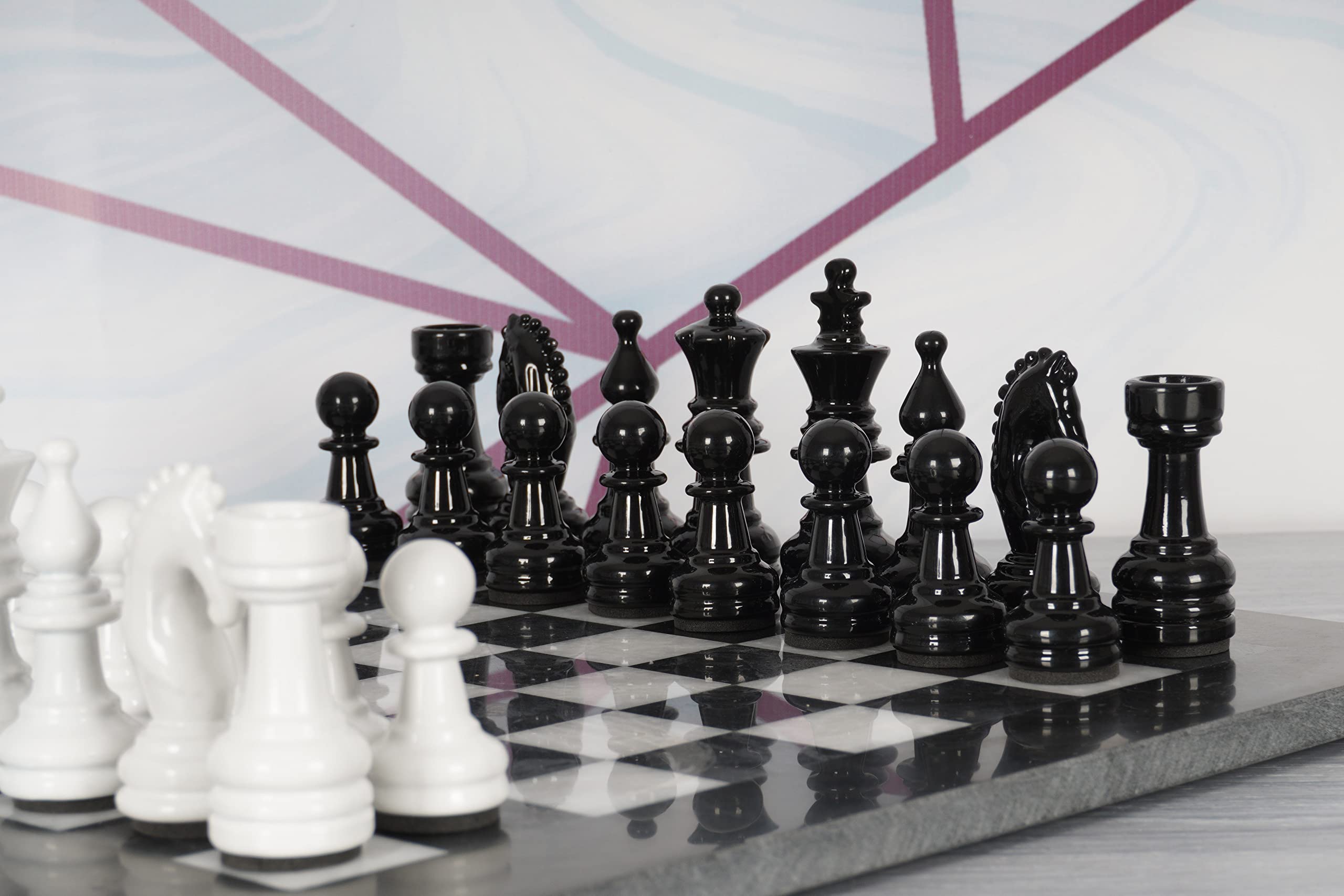 Marblous Krafts 15 Inches Black & White Chess Set with 32 Metallic Figures & 2 Extra Queens and Marble Board - Large Staunton Handmade Chess Game & Chess Sets for Adults and Family