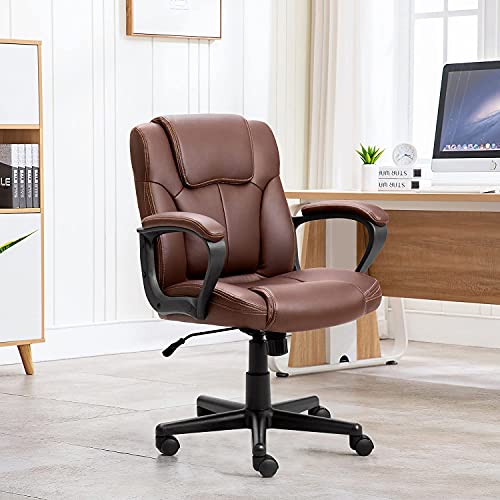 Shahoo Executive Office Chair Mid Back Swivel Computer Task, Ergonomic Leather-Padded Desk Seats with Lumbar Support,Armrests, Light Brown