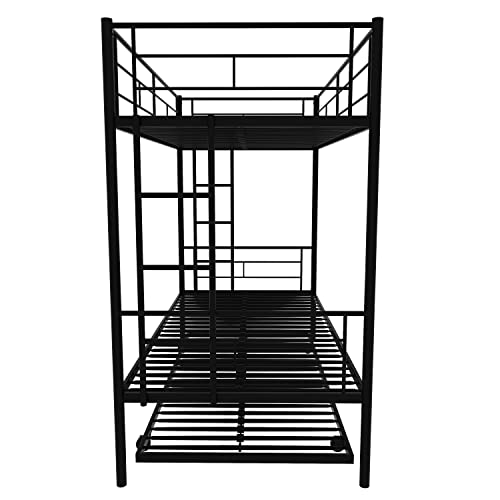 OYN Twin Over Twin Metal Bunk Bed Frame with Trundle and 2 Ladders, Black (New Upgrade Reinforcement Version)