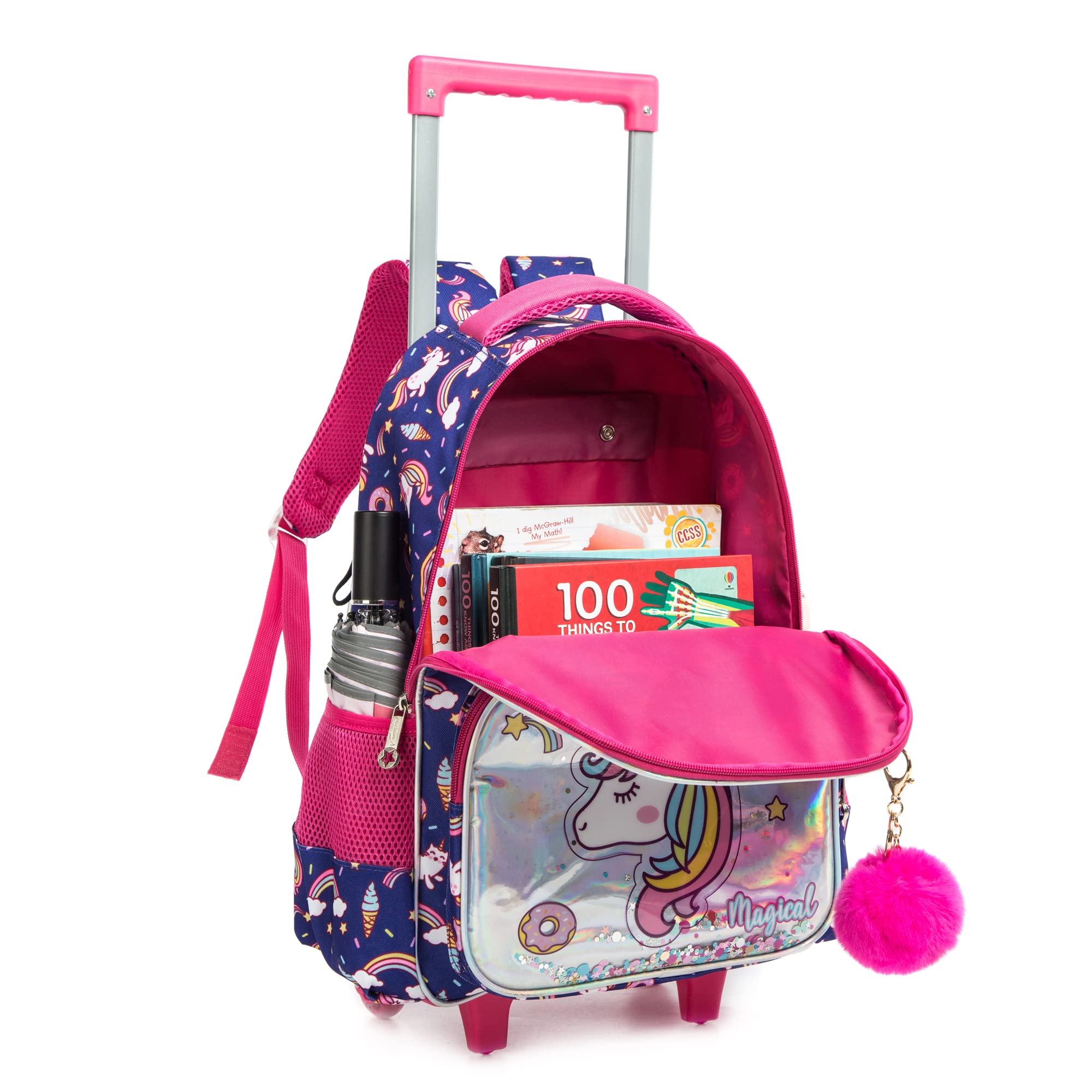 MOHCO Rolling Backpack for Kids Wheeled Backpack for Girls with Lunch Bag Pencil Case