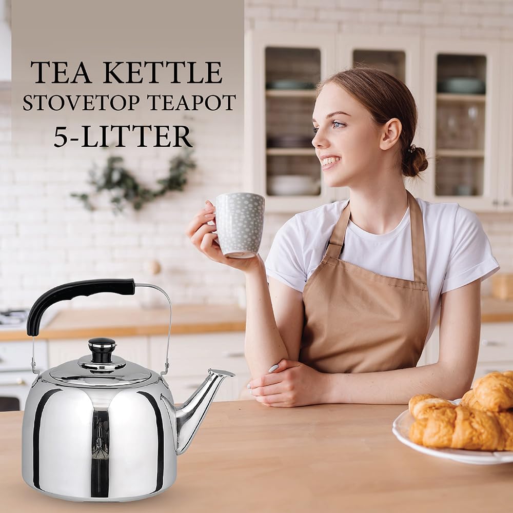 TtAk HOUSEWARE Tea Kettle Stovetop Movable Handle | Stainless Steel Stovetop Loud Whistling Fast Boiling Tea Kettle Cool Grip Bakelite Handle | Food Grade Tea Pot Thin Fast Heating Base (5 Liter)