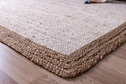 Unique Loom Braided Jute Collection Classic Quality Made Natural Hand Woven with Solid Color Detail, Area Rug, Rectangular 4' 0" x 6' 0", White/Beige