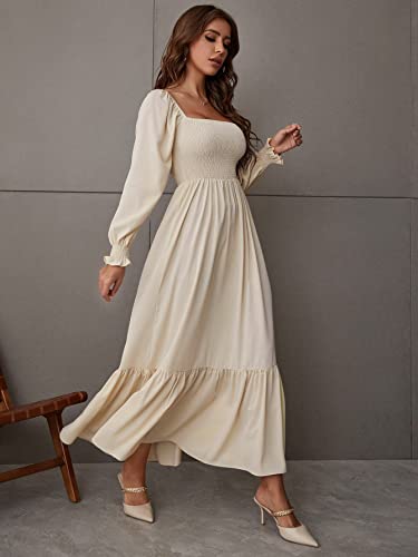 WDIRARA Women's Square Neck Flounce Shirred Ruffle Hem Elegant Long Sleeve Maxi Dress Apricot L